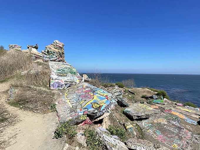 Crumbling concrete and spray paint create an eerie beauty that's part history lesson, part outdoor art gallery.