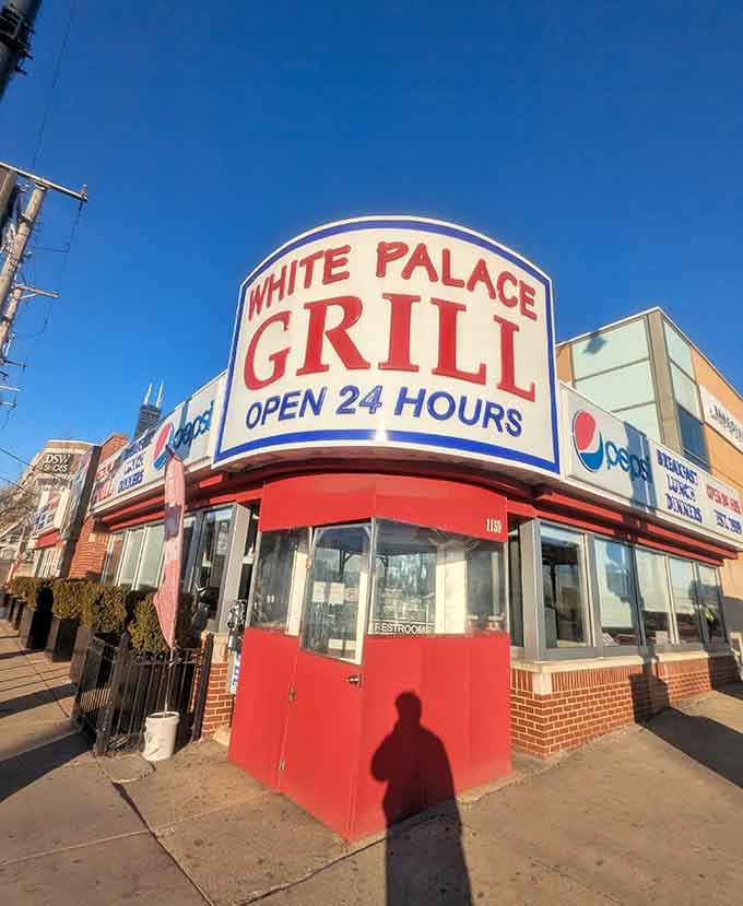 Under that perfect blue sky, this 24-hour landmark glows with the promise of Greek specialties and American classics.