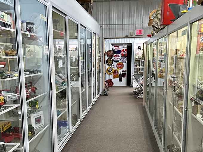 Glass display cases protect delicate collectibles while you browse this climate-controlled corridor of vintage wonders.