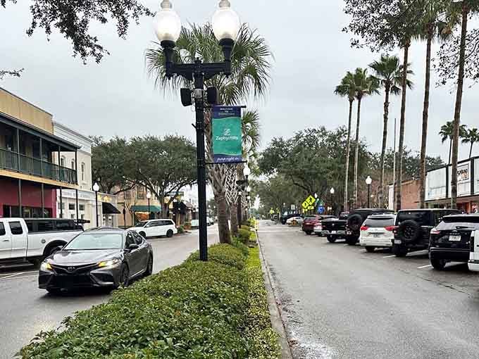 Palm trees and vintage streetlights frame a downtown where parking is easy and prices are even easier.