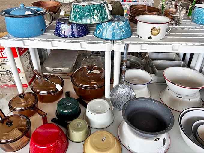 Enamelware in every color imaginable proves that kitchenware used to have personality before everything went stainless steel.