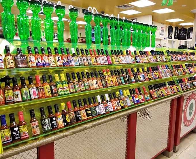 More hot sauces than you can shake a ray gun at, each one promising to launch your taste buds into orbit.