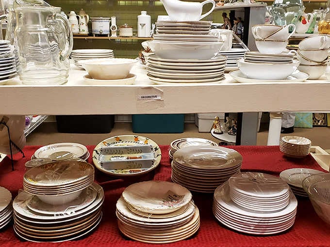 Stacks of dinnerware waiting to grace your table without emptying your wallet in the process.