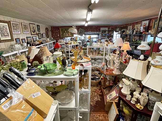 Depression-era glassware and antique lamps create a collector's paradise that would make Martha Stewart swoon.