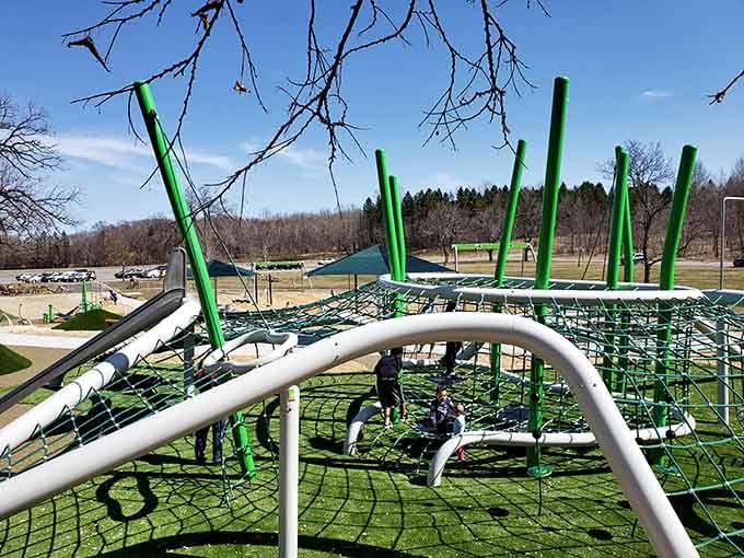 That rope climbing structure looks like something from American Ninja Warrior, minus the dramatic commentary and foam pit.