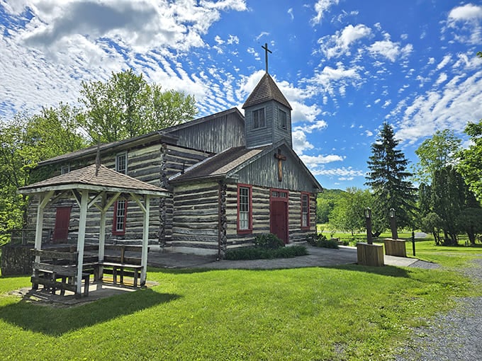 Old Bedford Village's log church transports you to frontier Pennsylvania without the inconvenience of actual time travel.