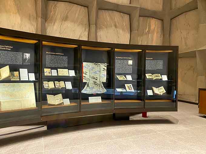 Exhibition cases showcasing treasures that make your high school yearbook collection look slightly less impressive by comparison.