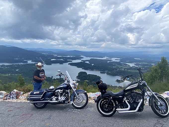 Even motorcycles make the pilgrimage here, because two wheels or two feet, everyone deserves this view.