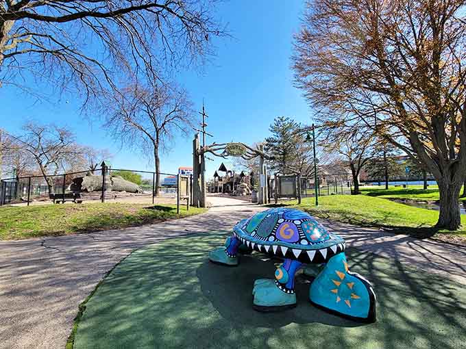 This whimsical turtle sculpture adds playful personality to Riverside Park, delighting kids and adults who refuse to grow up.