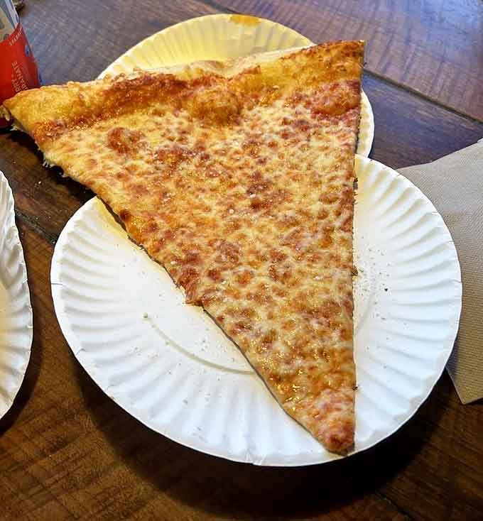 Behold the classic cheese slice that makes a standard paper plate look like it's from a dollhouse.