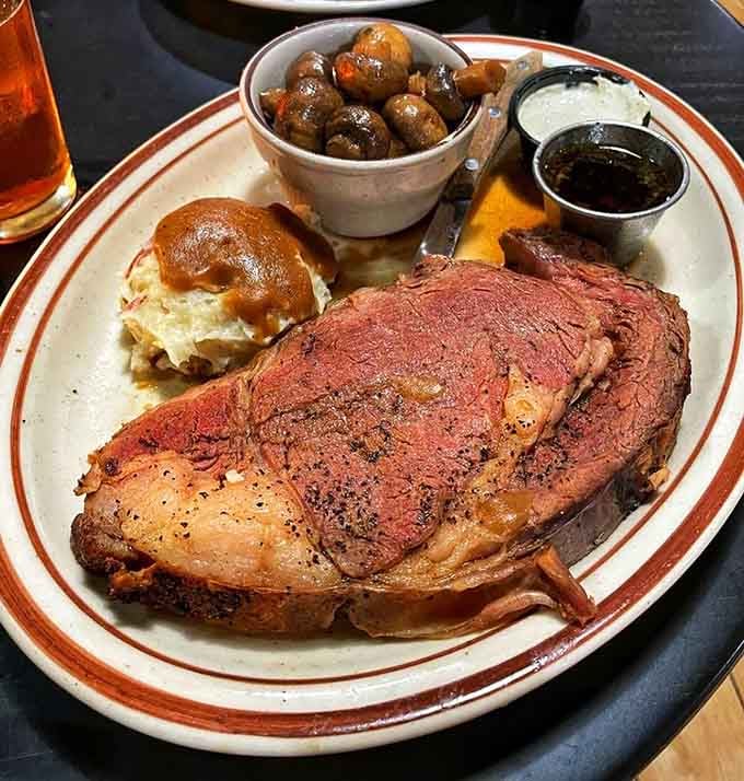 This prime rib could make a vegetarian reconsider their life choices, perfectly cooked with sides that complete the picture.