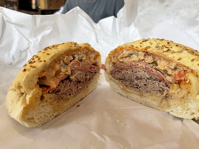 Look at that cross-section revealing layers of perfectly seasoned meat that would make any sandwich architect weep with joy.