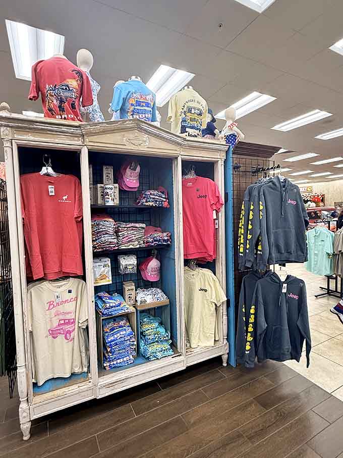 Buc-ee's branded apparel displayed in actual furniture because even the merchandise gets the VIP treatment here.
