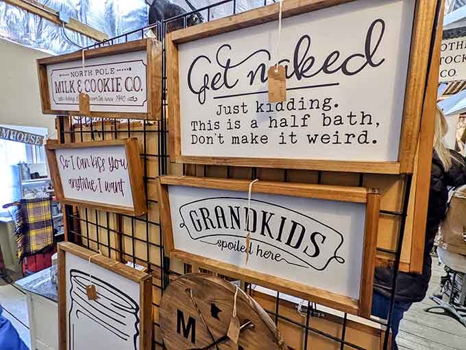 Humorous signs remind you that half baths exist, grandkids are wonderful, and vintage never goes out.