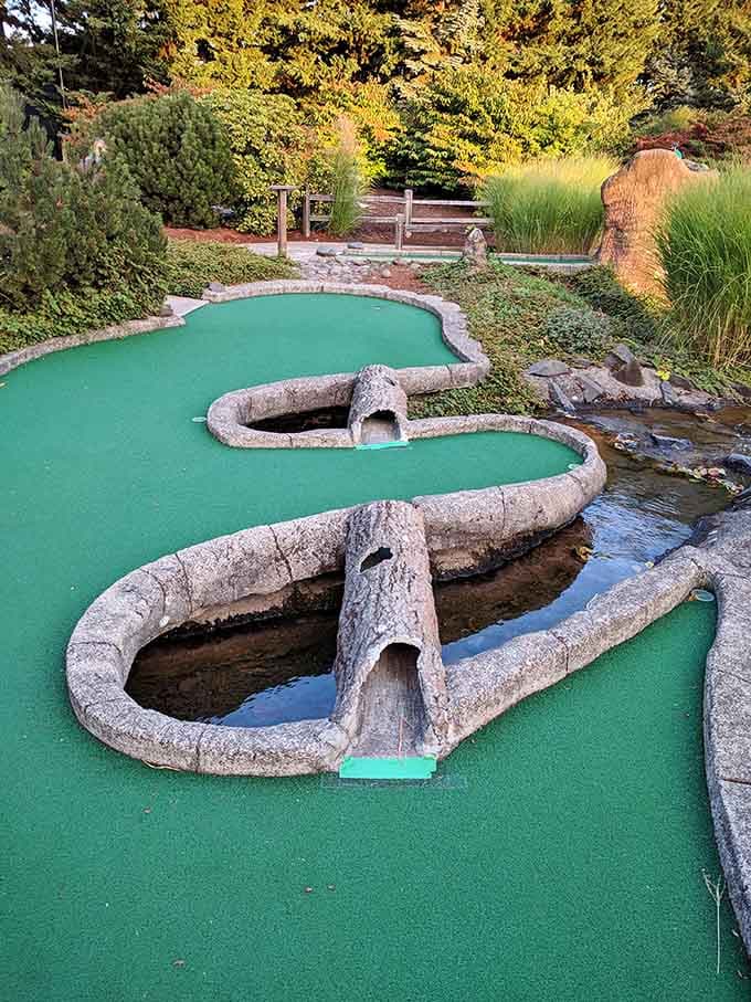 Those log-style borders blend seamlessly into the course, making obstacles feel like natural woodland discoveries.