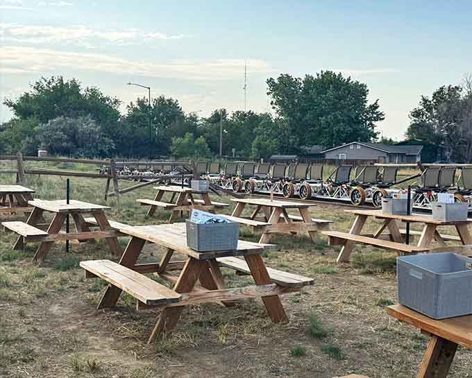 Picnic tables await your post-ride stories and snacks in this surprisingly charming outdoor gathering spot.