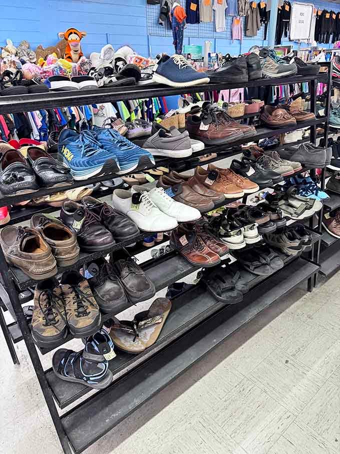 Rows of shoes organized like a well-stocked library, except these stories are told through soles and laces.
