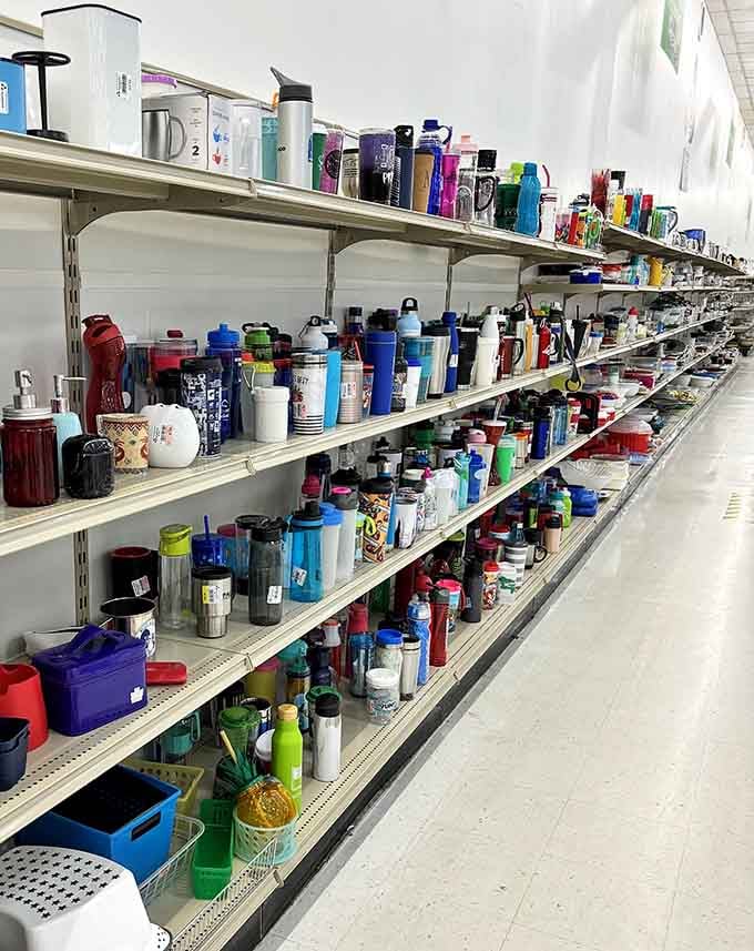 An entire rainbow of water bottles proves someone out there really loves buying hydration vessels then donating them.