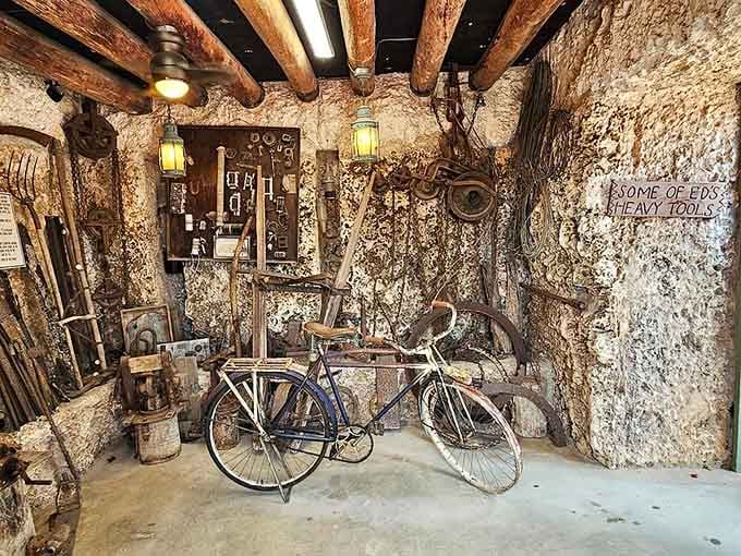 Edward's workshop looks like Fred Flintstone's garage if Fred had a broken heart and a degree in physics nobody knew about.