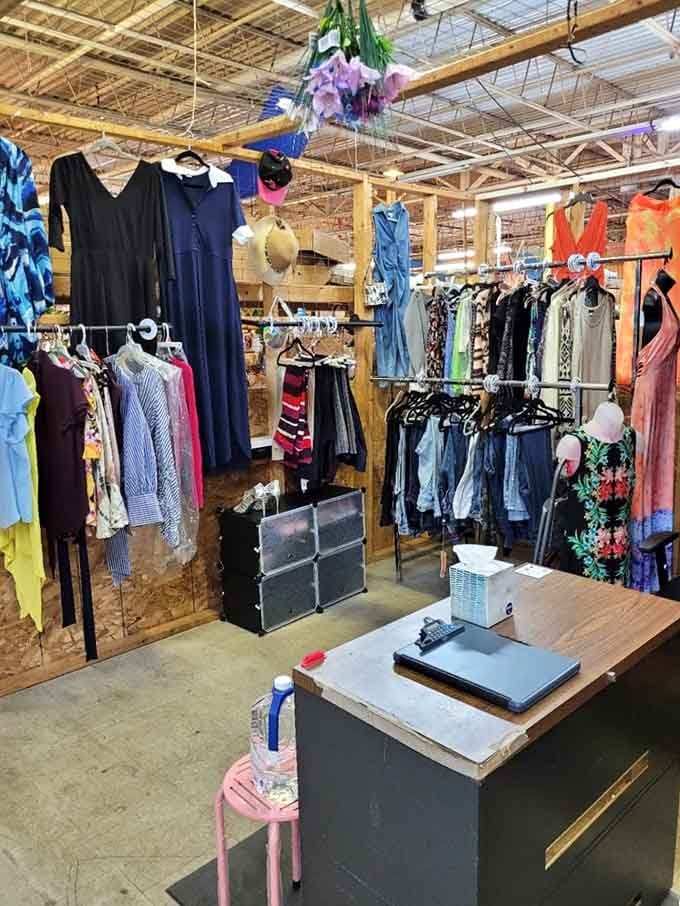 Clothing racks stretch endlessly, offering everything from vintage finds to contemporary pieces that someone simply outgrew or moved past.