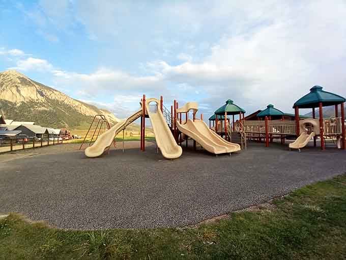 Rainbow Park offers slides and swings with a mountain view that beats any city playground hands down.