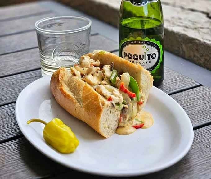 The chicken cheese steak comes loaded with peppers that add just the right kick to every bite.