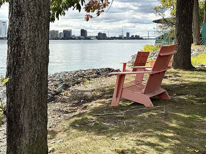 Two Adirondack chairs facing Canada: the most peaceful international relations you'll ever witness in person.