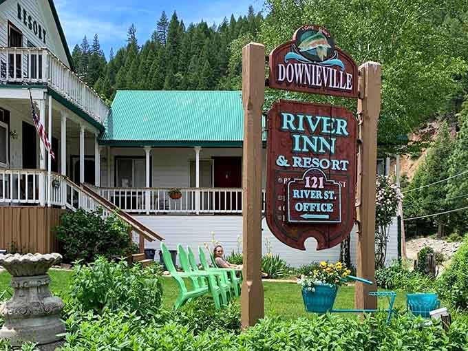 The Downieville River Inn welcomes guests with green chairs that practically beg you to sit and do absolutely nothing.