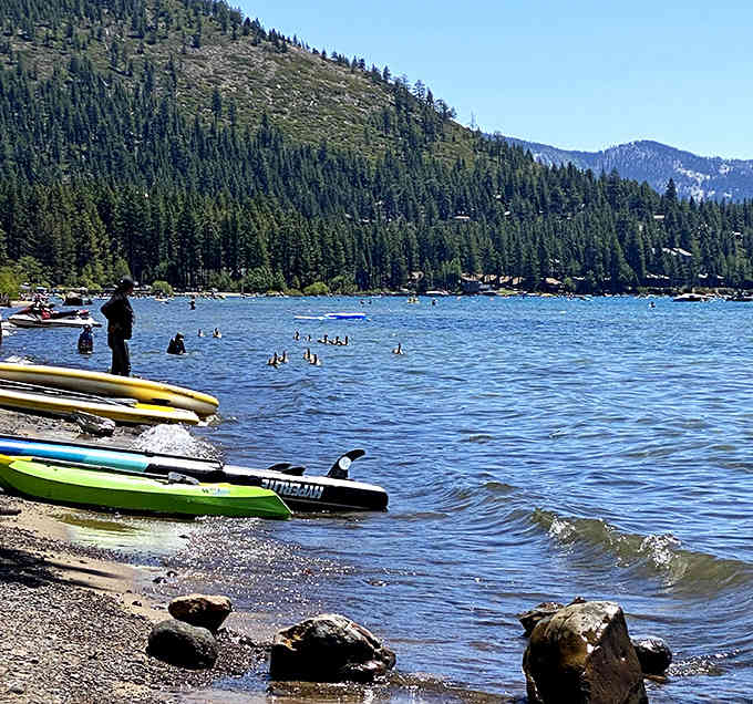 Paddleboards and kayaks line up like colorful soldiers ready for aquatic duty in crystal waters.