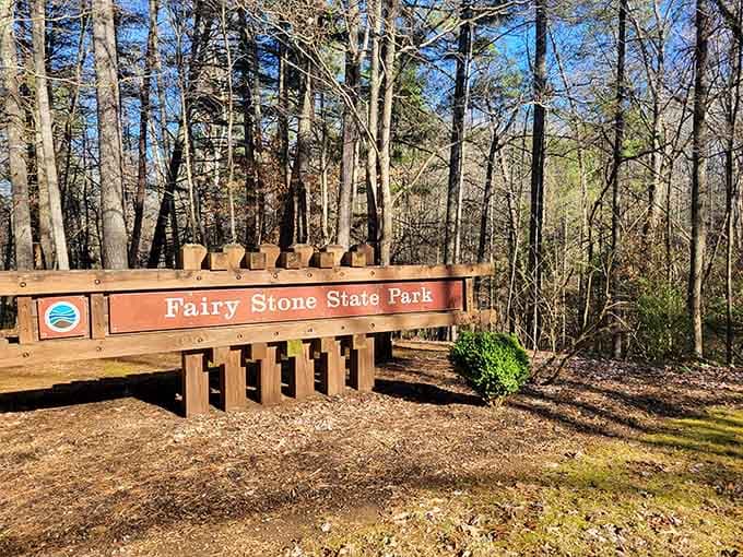 The welcome sign promises fairy stones, which sounds more magical than "Welcome to Generic State Park."