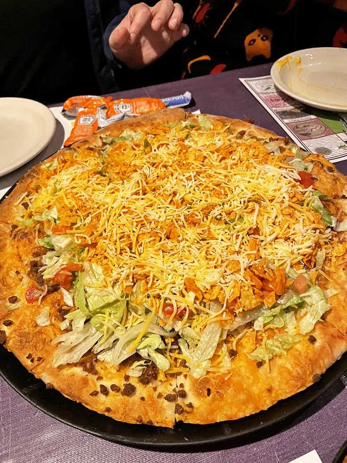 The El Vampiro Taco Pizza looks like a fiesta crashed a pizzeria and everyone decided to stay forever.