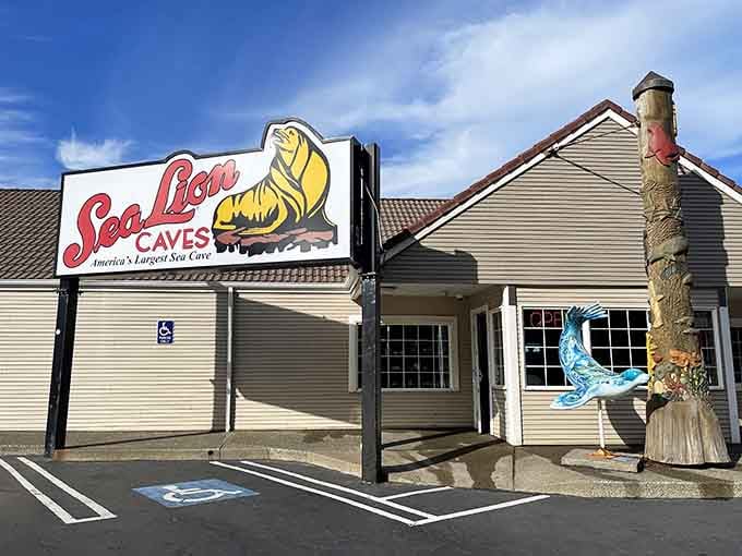 That giant sea lion sign promises America's largest sea cave, where nature's loudest neighbors put on quite a show.