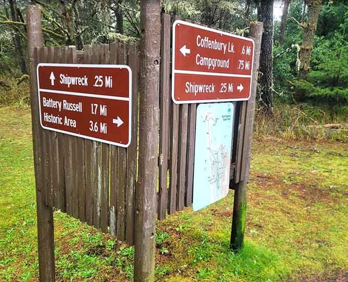 Trail signs pointing to shipwrecks and batteries, because apparently Oregon's idea of a nature walk includes optional existential dread.