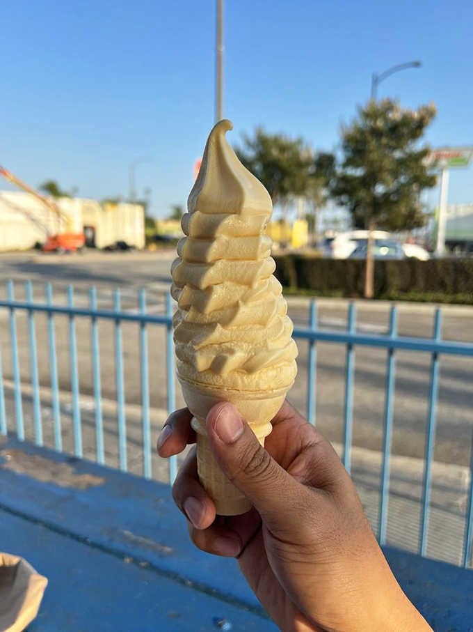 Behold the perfect soft-serve swirl, standing tall like a delicious monument to simpler times and better desserts.