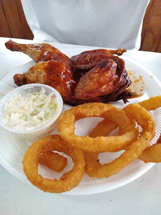 BBQ chicken with onion rings that could make a vegetarian reconsider their entire life philosophy, honestly.