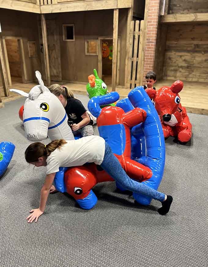 Racing inflatable animals: because regular exercise is boring, but bouncing on a dinosaur is living your best life.