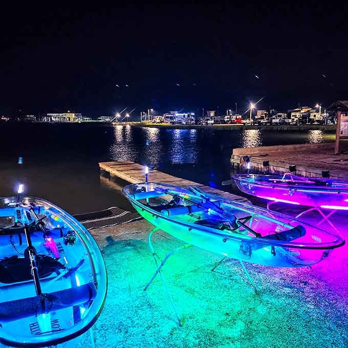 The dock becomes a neon art gallery at night, and admission is just showing up with adventure in mind.