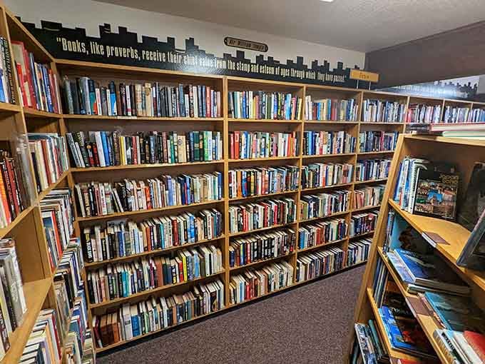 Every shelf tells a story, and that inspirational quote reminds us why we fell in love with books.