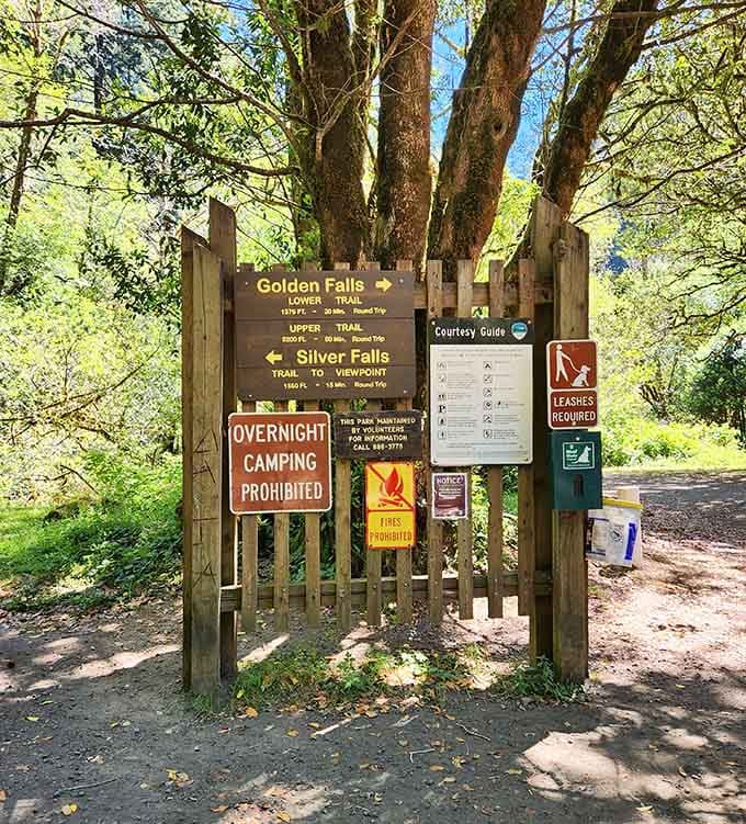 Trail signs point the way to adventure, though getting lost in this beauty wouldn't be the worst fate.