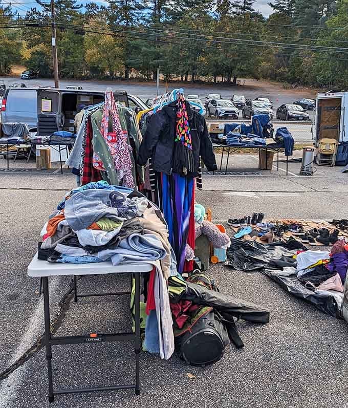 Clothing racks overflow with second chances at fashion, where yesterday's wardrobe becomes today's vintage statement piece for pennies.
