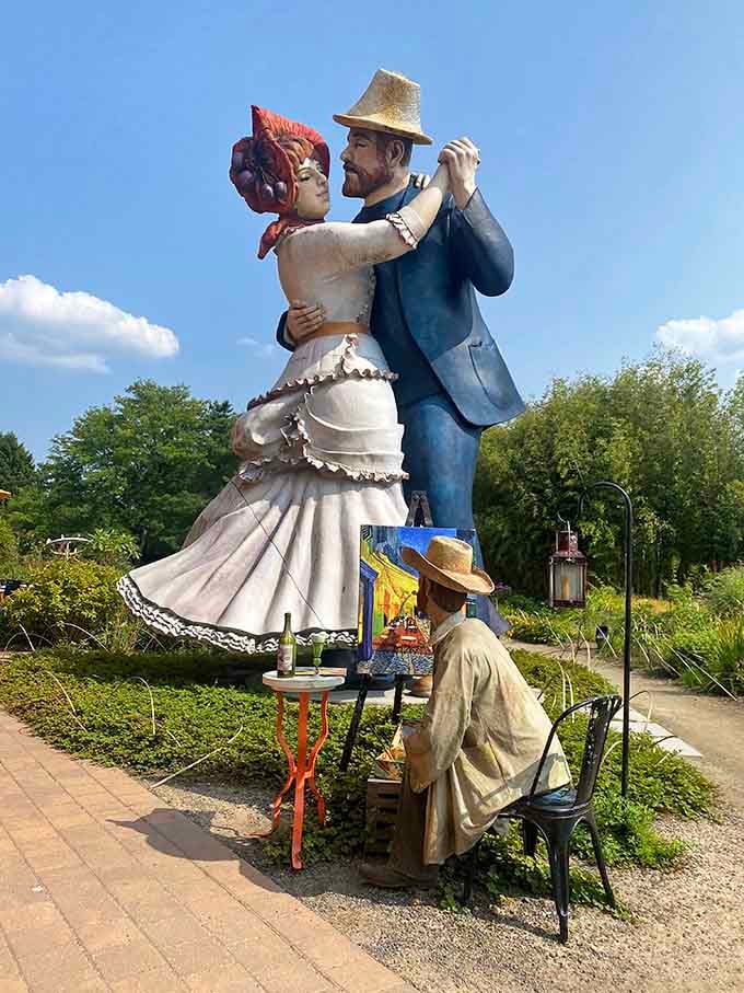 This towering couple proves that love and art both require a little elevation to truly appreciate their beauty.