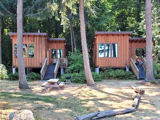 Twin cabins nestled in the trees offer that Goldilocks sweet spot between rustic charm and actual comfort you can enjoy.