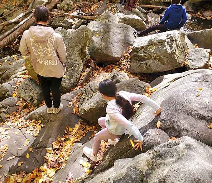 Kids scrambling over boulders like tiny mountain goats, proving that the best playground doesn't need batteries or WiFi.
