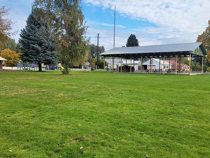 The town park pavilion stands ready for gatherings that bring neighbors together under big sky and bigger mountains.