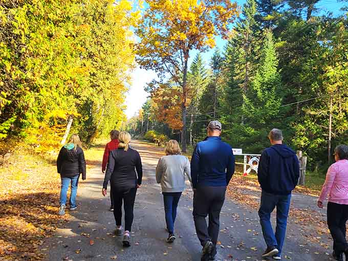 Walking through autumn woods with friends beats any treadmill session, and the scenery doesn't charge a monthly membership fee.