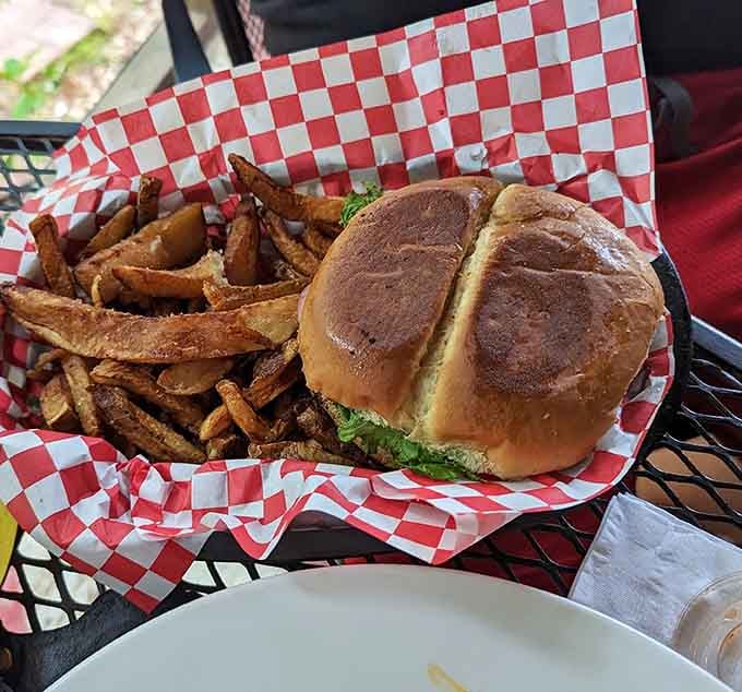 Golden fries and a perfectly toasted bun signal that this burger means business, served basket-style like the comfort food gods intended.