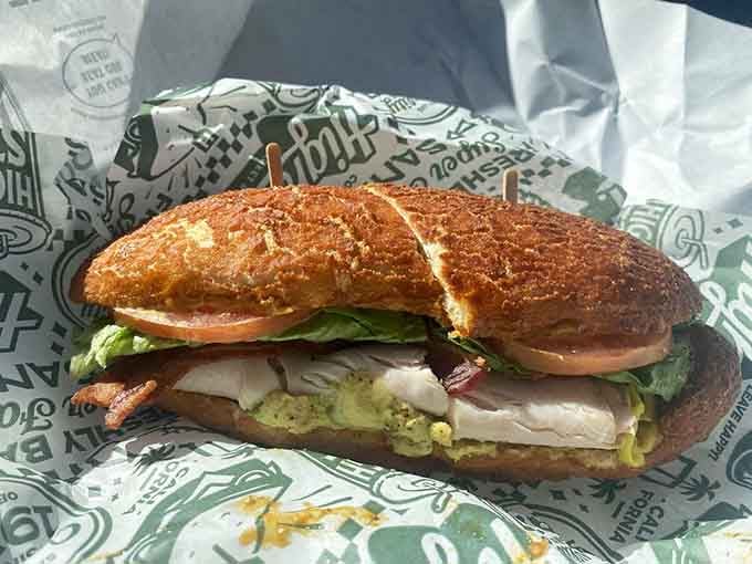 Dutch crunch bread with that signature crackly top transforms an ordinary sandwich into a textural masterpiece.