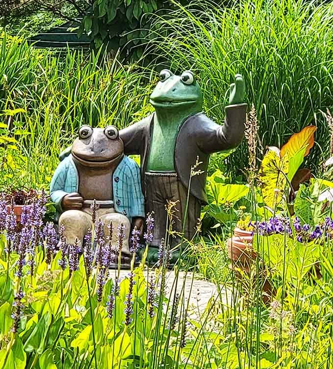 Frog and Toad are friends here, dressed in their Sunday best and ready to greet visitors among the lavender and greenery.