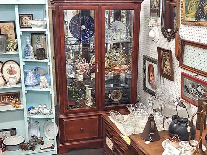 Crystal glassware catches the light like your grandmother's china cabinet, except everything here is actually for sale.