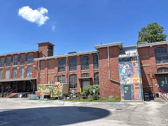 Lowe Mill's brick exterior hints at its industrial past, now reimagined as the South's largest arts facility.
